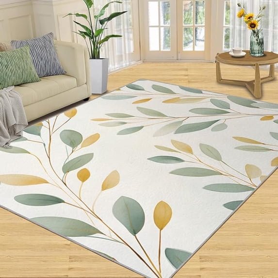 Botanical Leaf Area Rug, Gold Watercolor Plant Bedroom Rugs Minimalist ...