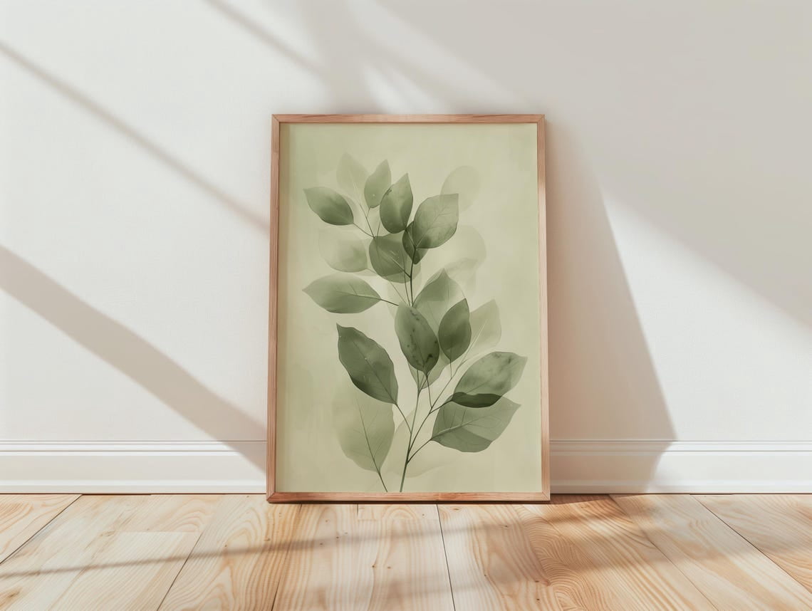 Botanical Leaf Green Leaves Minimalist Cream Nature Living Room Poster ...
