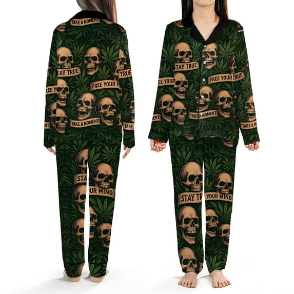 Botanical Leaf Pattern Pajamas, Gothic Skull Pattern Satin Sleepwear ...