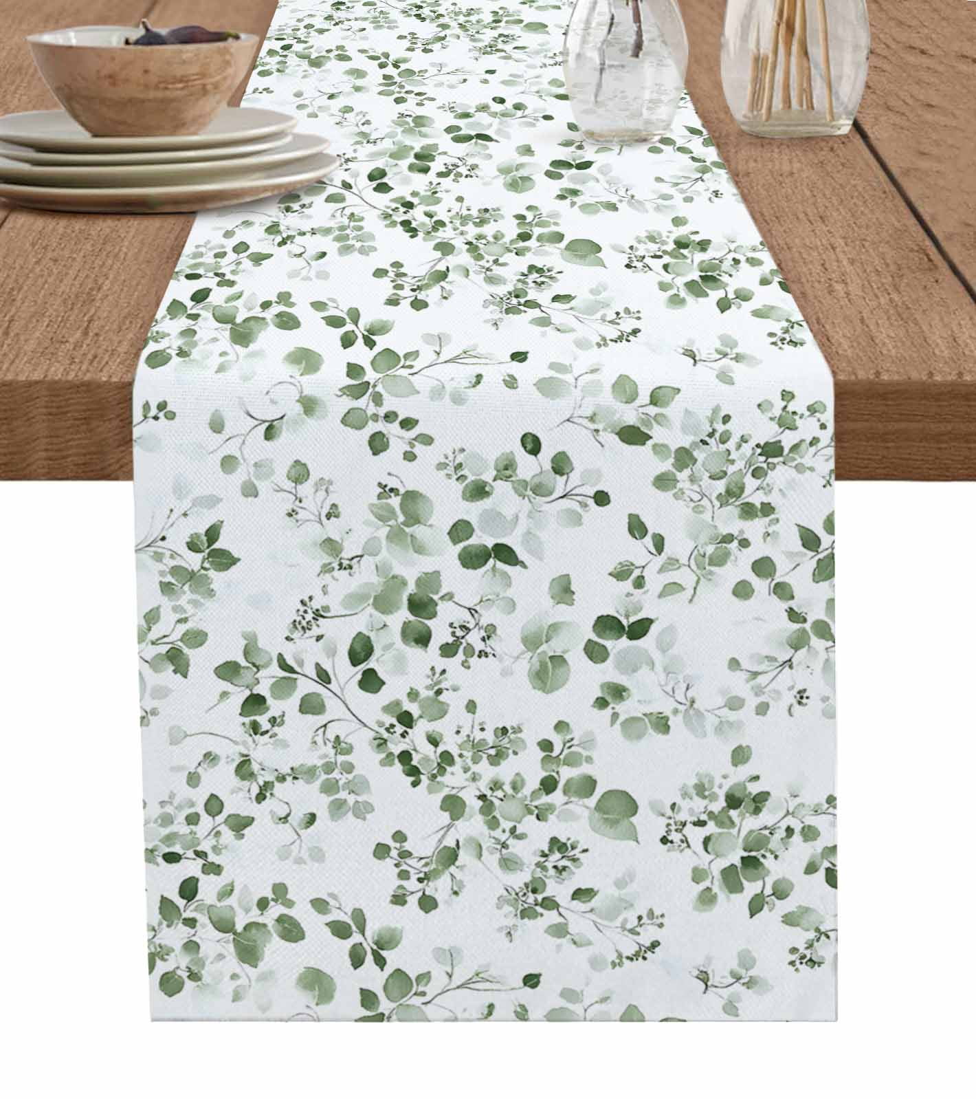 Botanical Leaf Print Table Runner 72 Inches, Spring Emerald Foliage ...