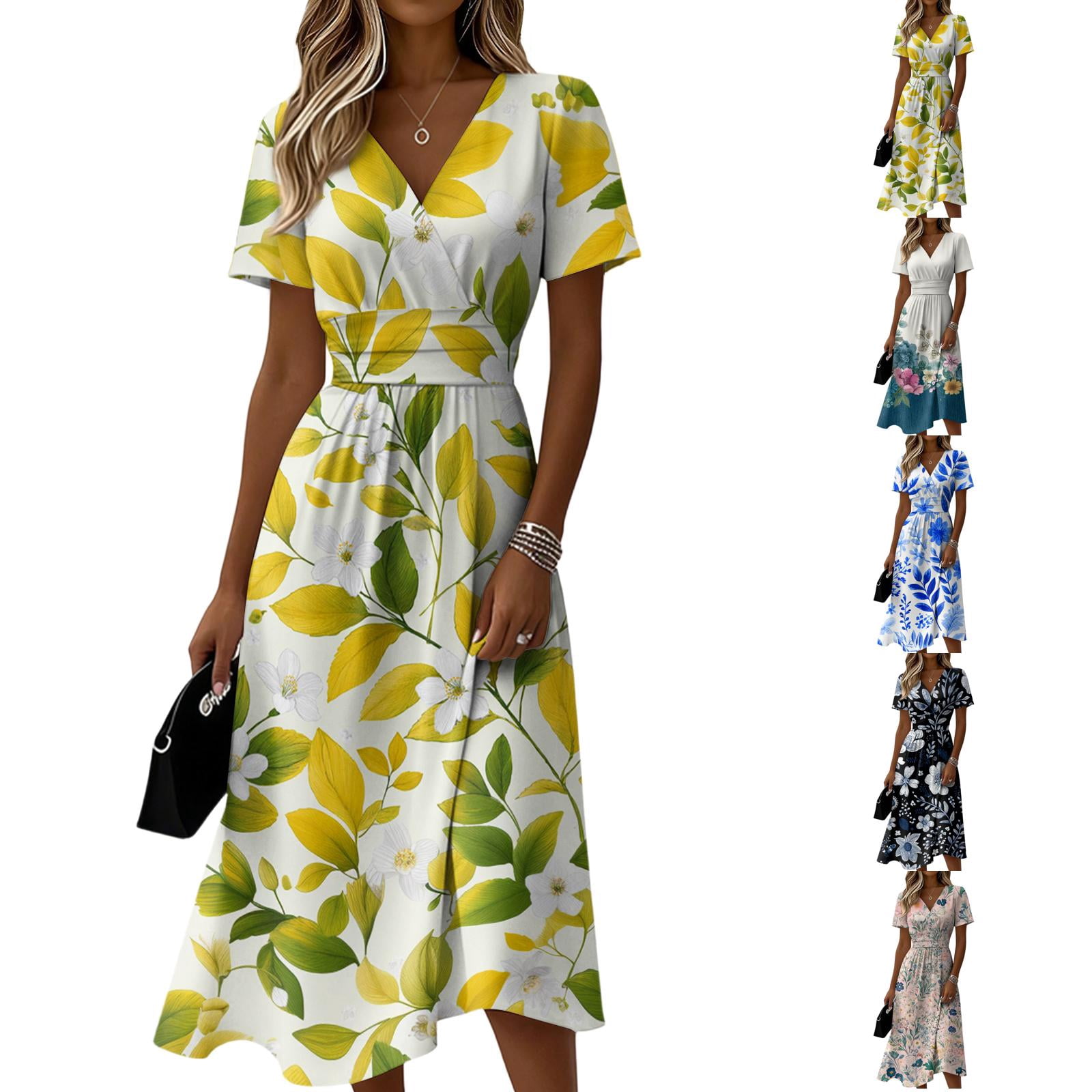Botanical Leaf Print Wrap Dress for Women - V-Neck Short Sleeve High ...
