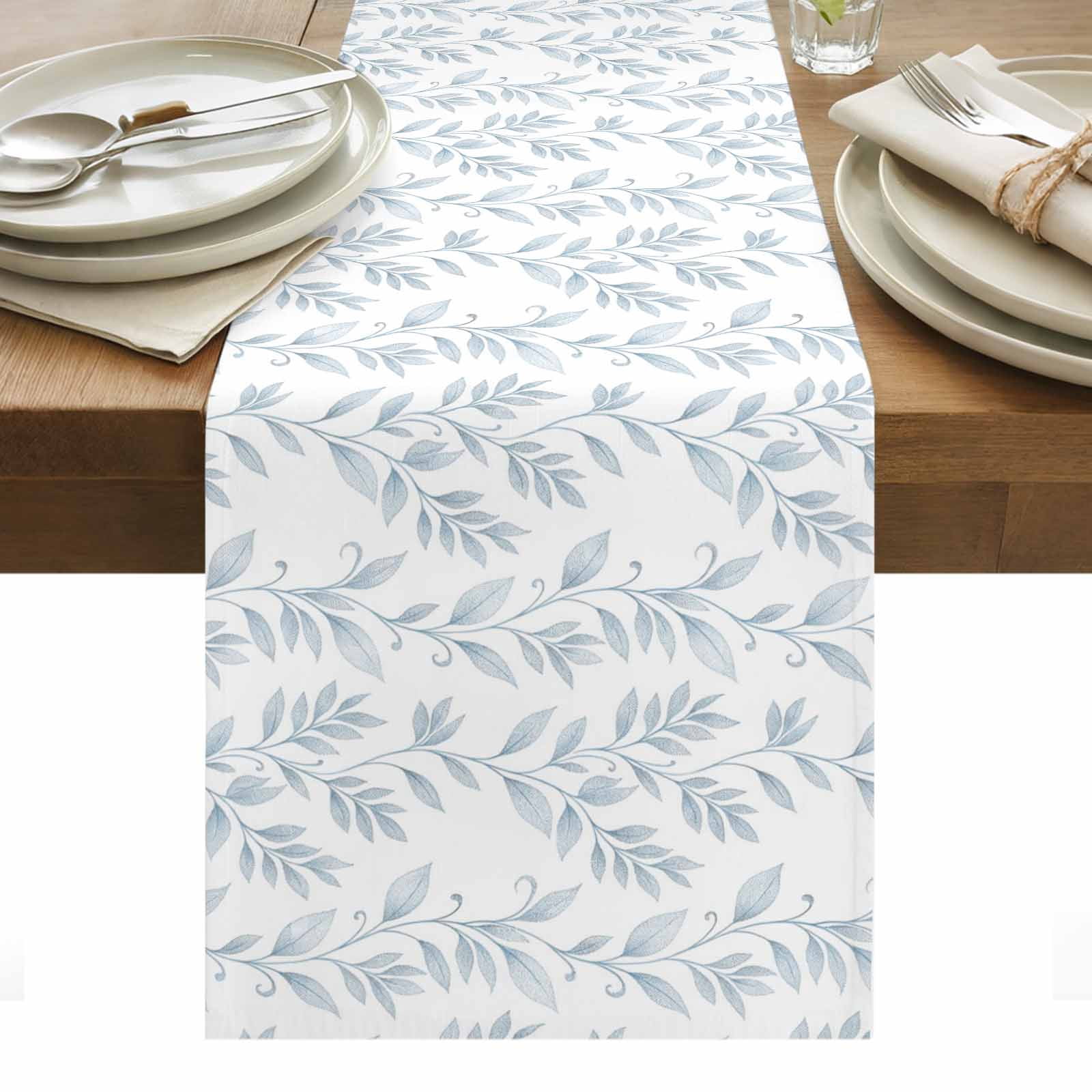 Botanical Leafy Vines Table Runner Coastal Dusty Blue Farmhouse Leaves ...