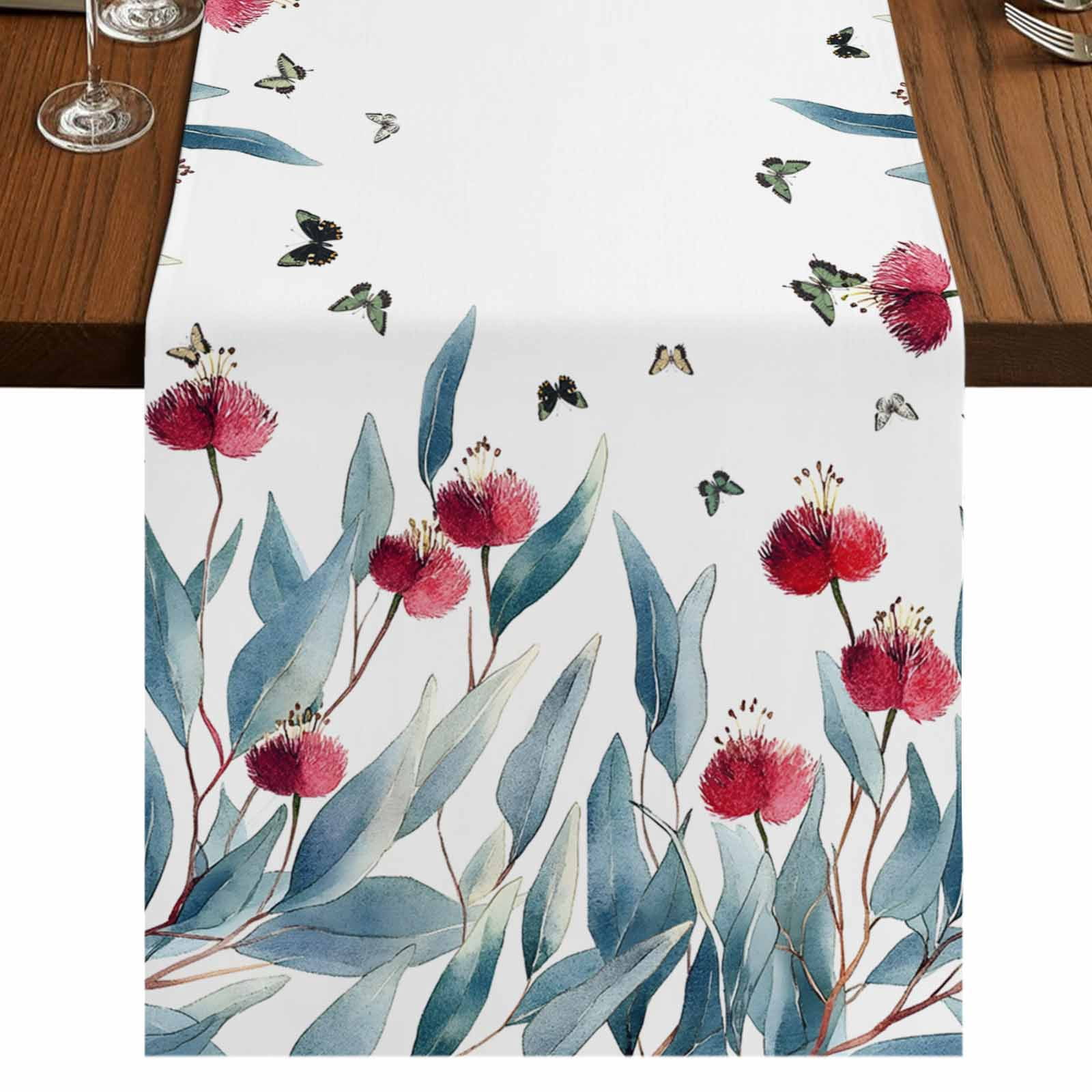 Botanical Leaves 36 Inch Table Runner, Spring Floral Butterfly Pastoral ...