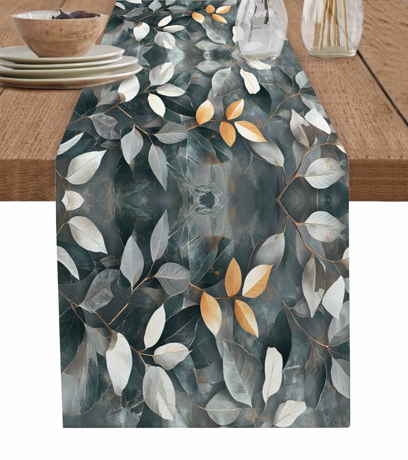 Botanical Leaves Burlap Cotton Table Runner 13x60 Inches Long, Vintage ...