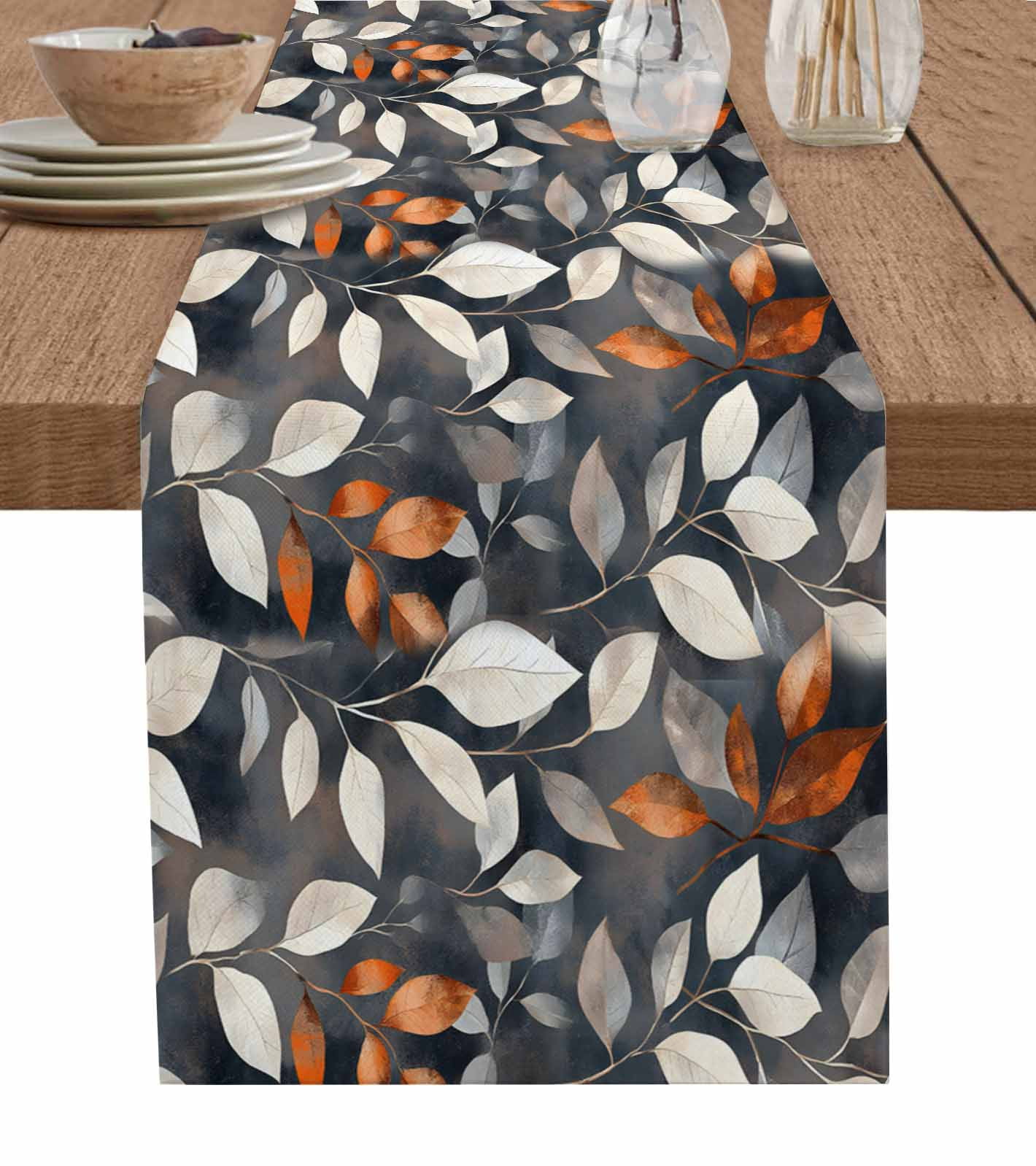 Botanical Leaves Burlap Cotton Table Runner 13x72 Inches Long ...