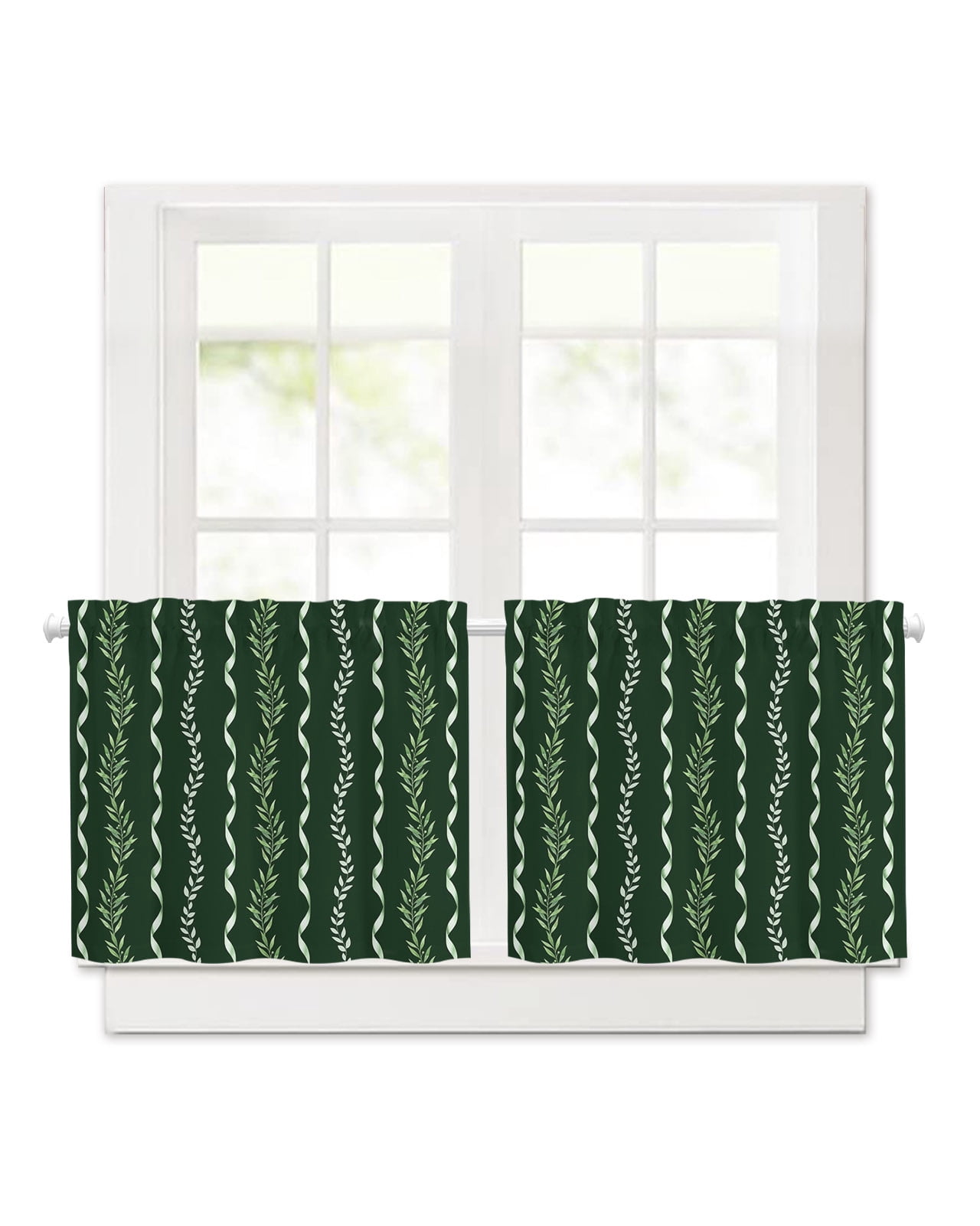 Botanical Leaves Green Ribbons Short Blackout Curtains 30 Inch Long ...