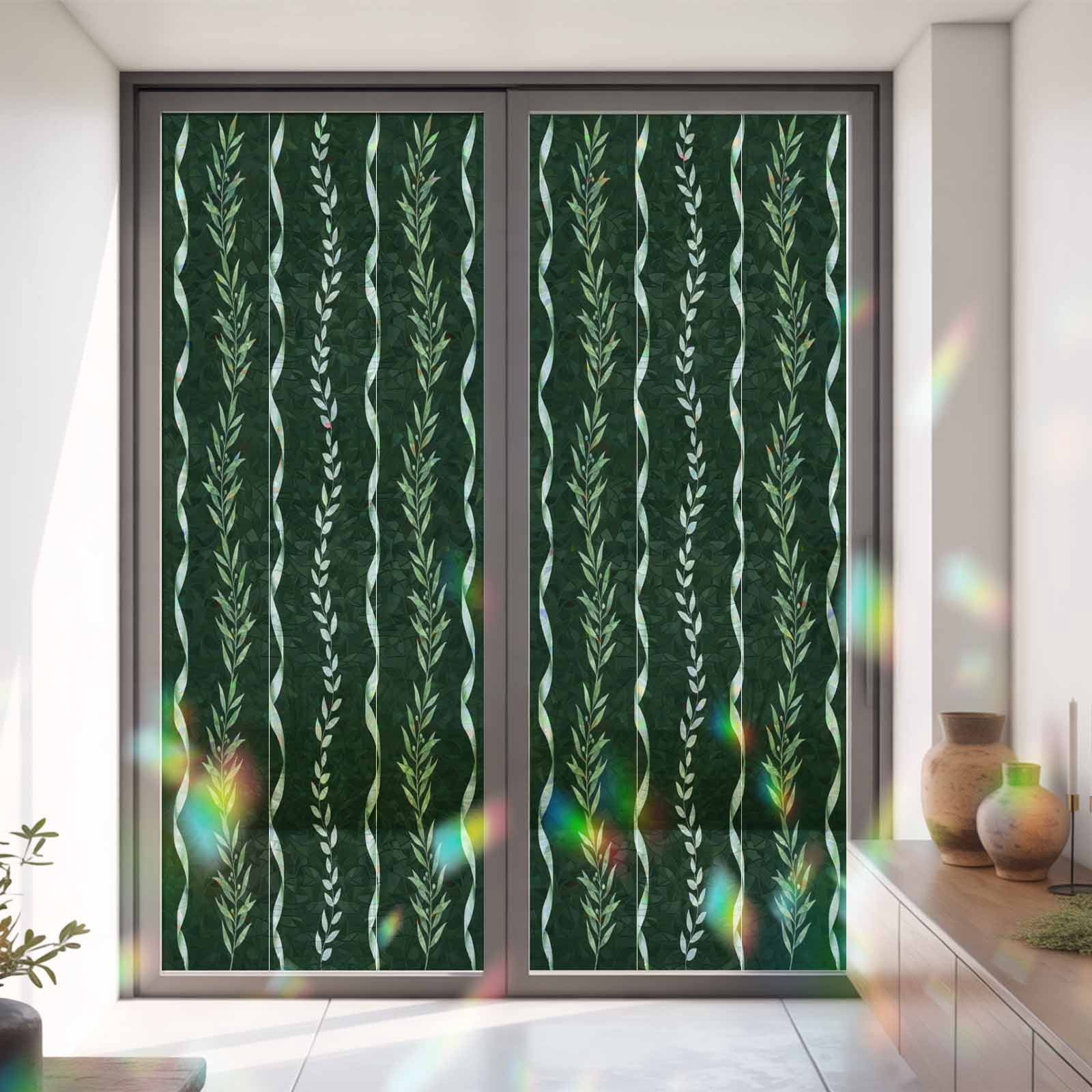 Botanical Leaves Green Ribbons Window Privacy Film, Rainbow Film ...