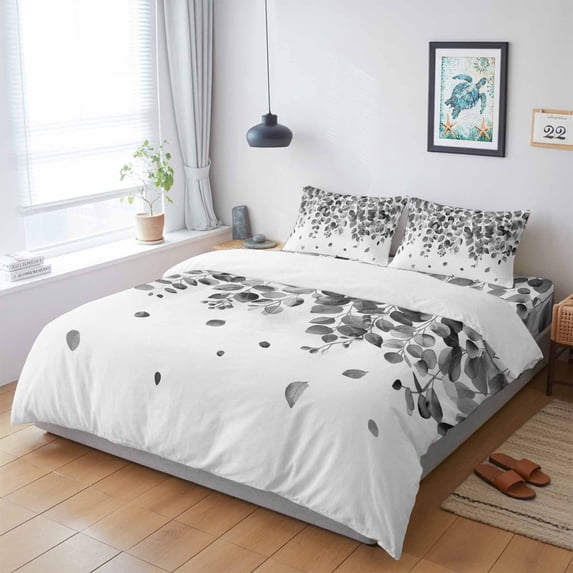 Botanical Leaves Hanging on White King Size Bed Set,Gray Plant Foliage ...