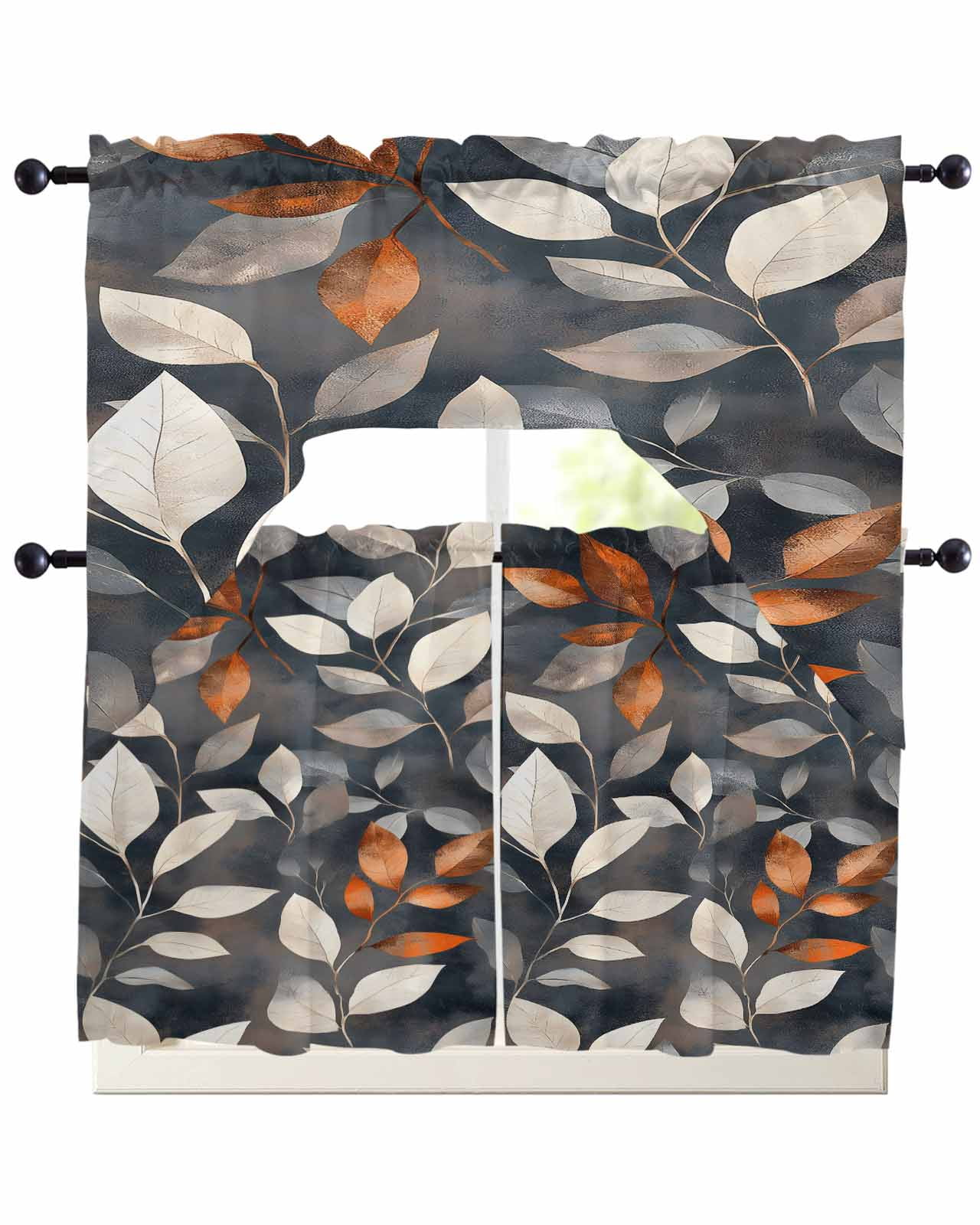 Botanical Leaves Kitchen Curtains Sets 24 Inch Length with Valance ...