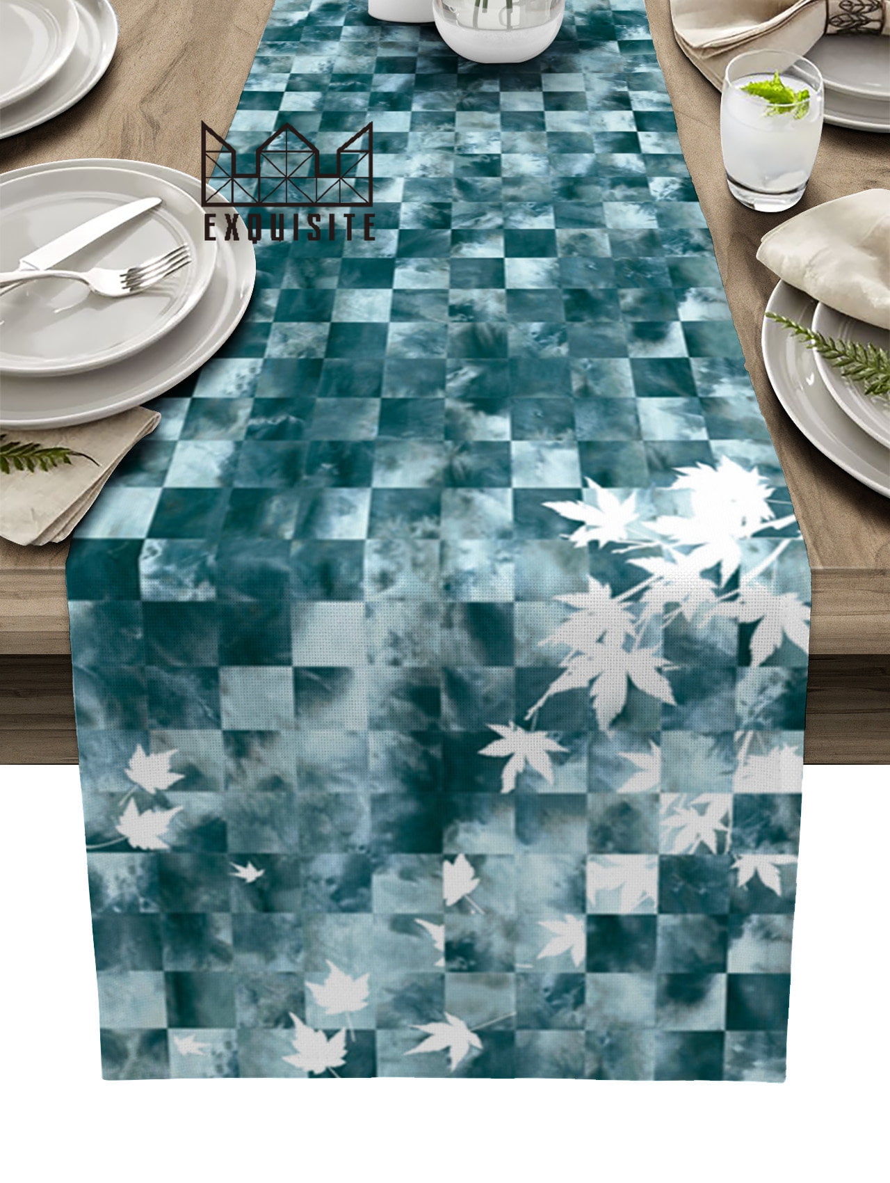 Botanical Leaves Mosaic Watercolor Tie-Dye Table Runner Wedding Dining ...