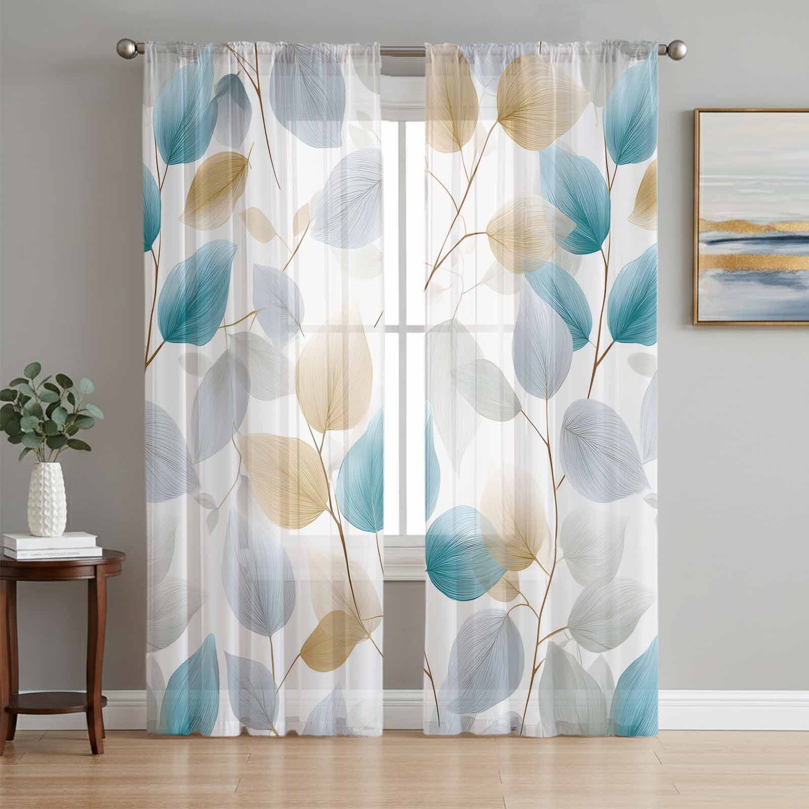Botanical Leaves Semi Sheer Curtains 84 Inch Length 2 Panels Set, Teal ...