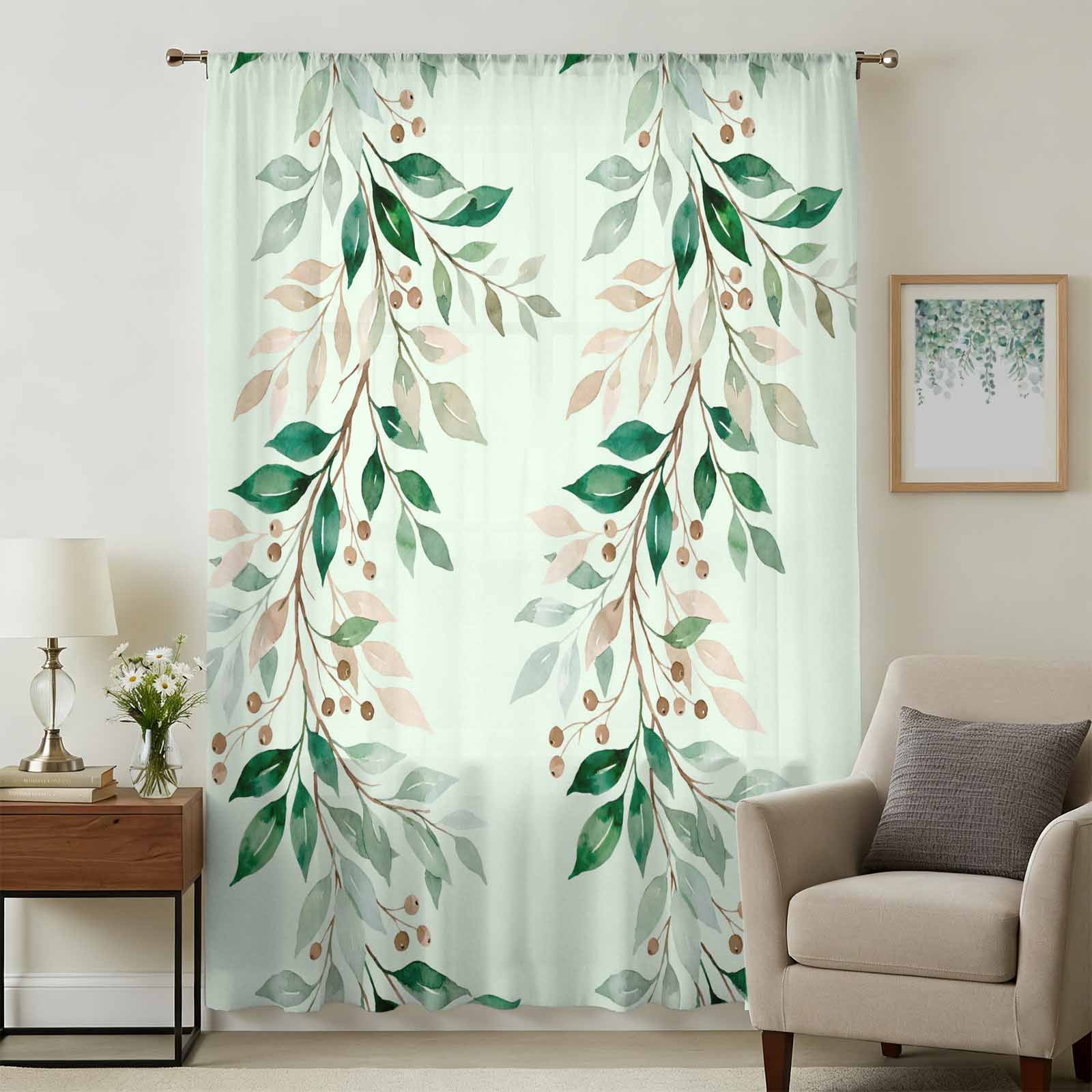 Botanical Leaves Sheer Curtains 96 Inches Long, Weeping Berry Spring ...