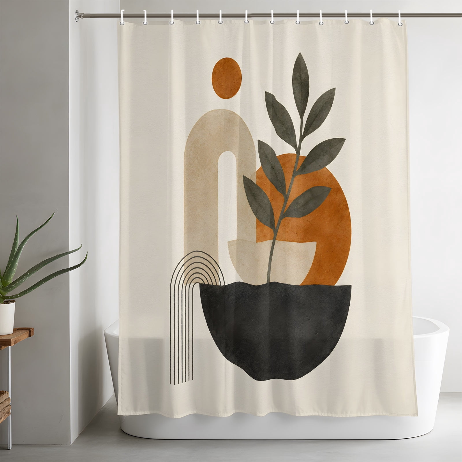 Botanical Leaves Shower Curtain, Abstract Boho Sun Disc Arch Shapes ...