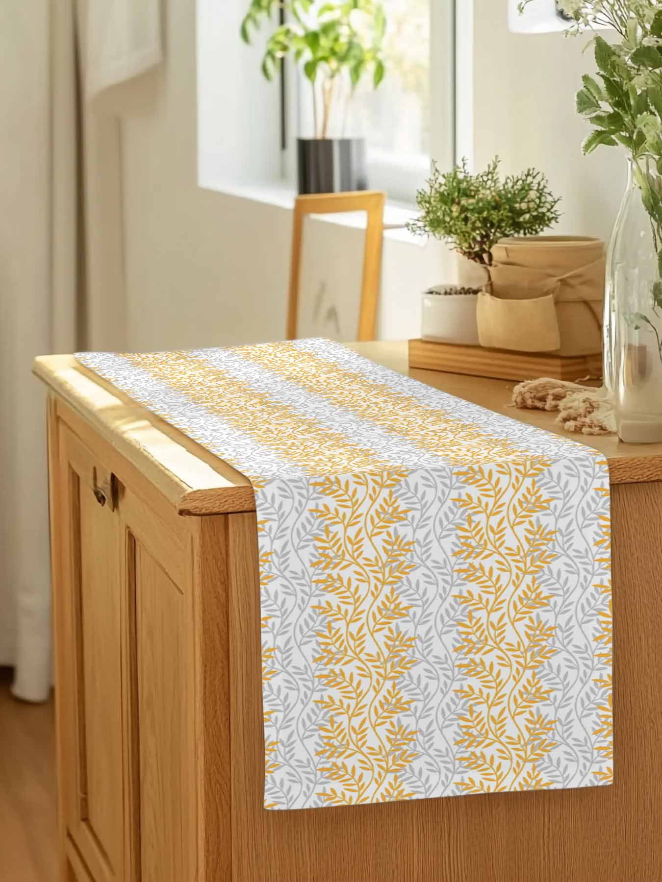 Botanical Leaves Sketch Texture on White Table Runner 13x90in Non-Slip ...