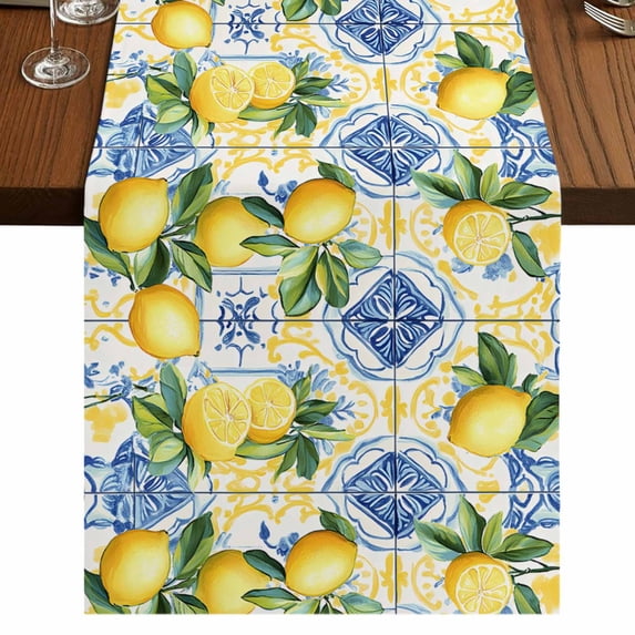 Botanical Lemon 108 Inch Table Runner, Spring Countryside Floral Blue ...