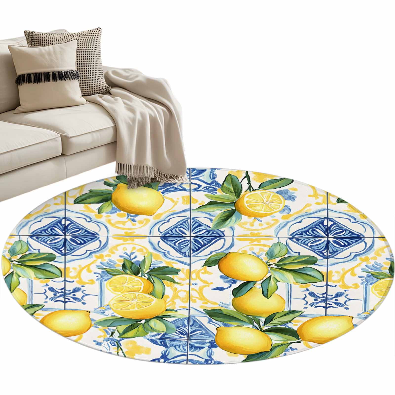 Botanical Lemon 3ft Area Rug, Spring Countryside Floral Blue Tile ...