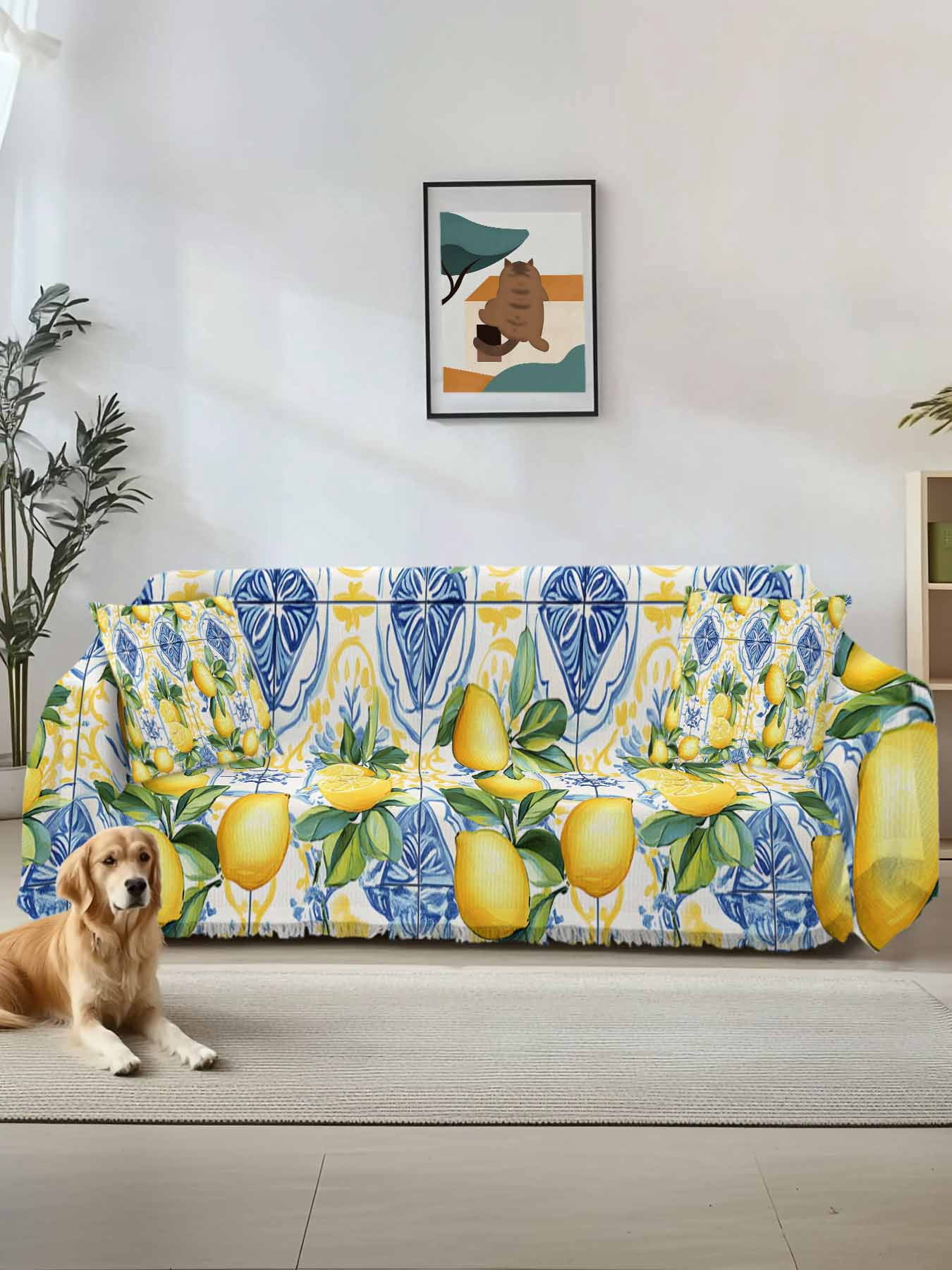Botanical Lemon Couch Cover for 2 Cushion Sofa, Spring Countryside ...