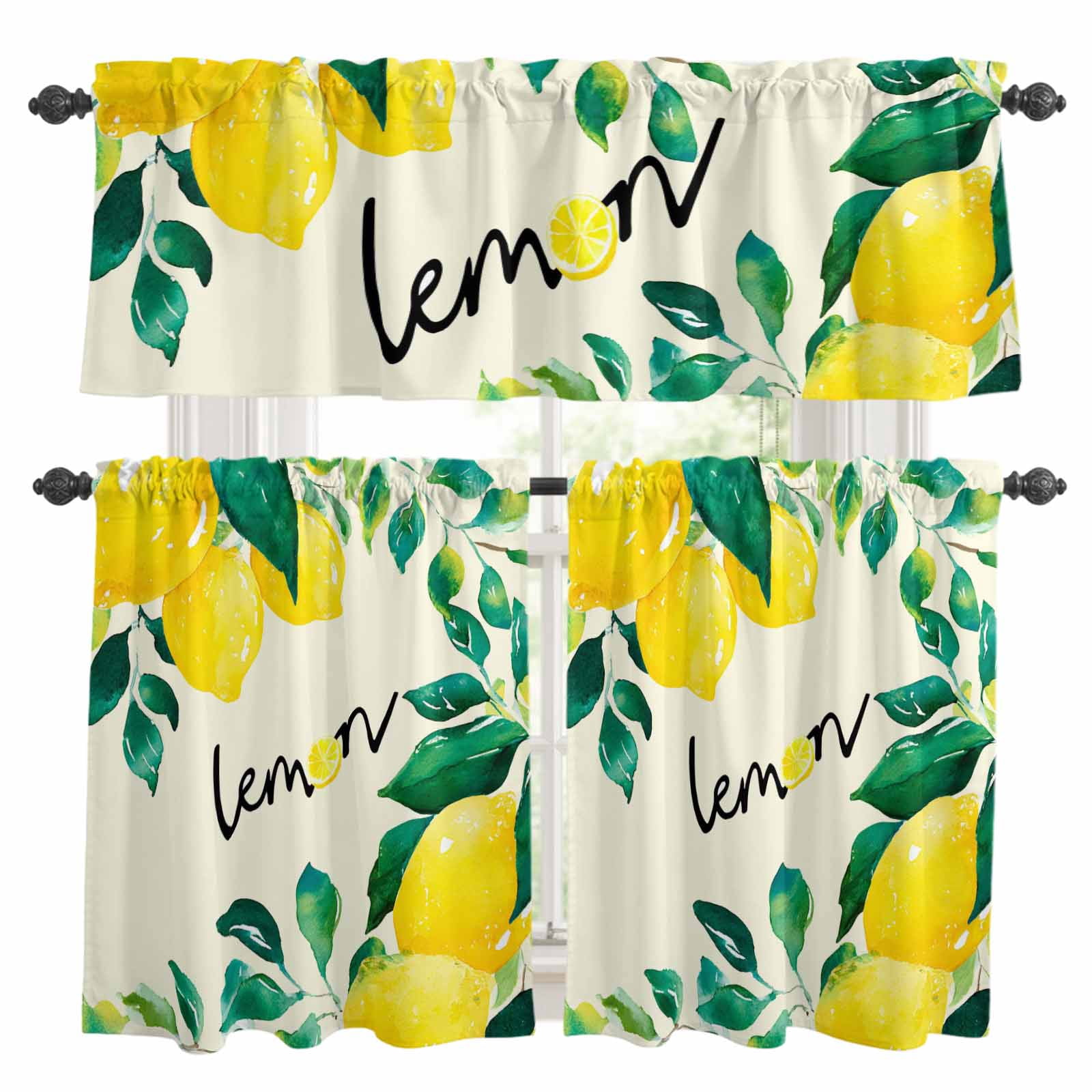 Botanical Lemon Kitchen Curtains Valances and Tiers Set of 3 Watercolor ...