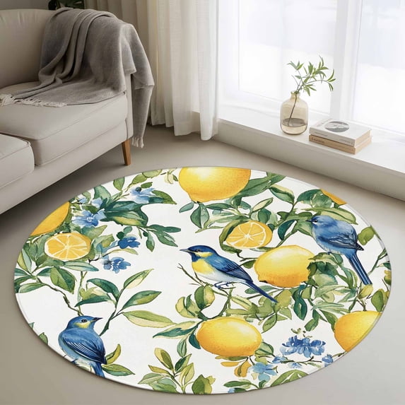Botanical Lemon Round Area Rug 4 FT, Non Slip Indoor Outdoor Rug ...