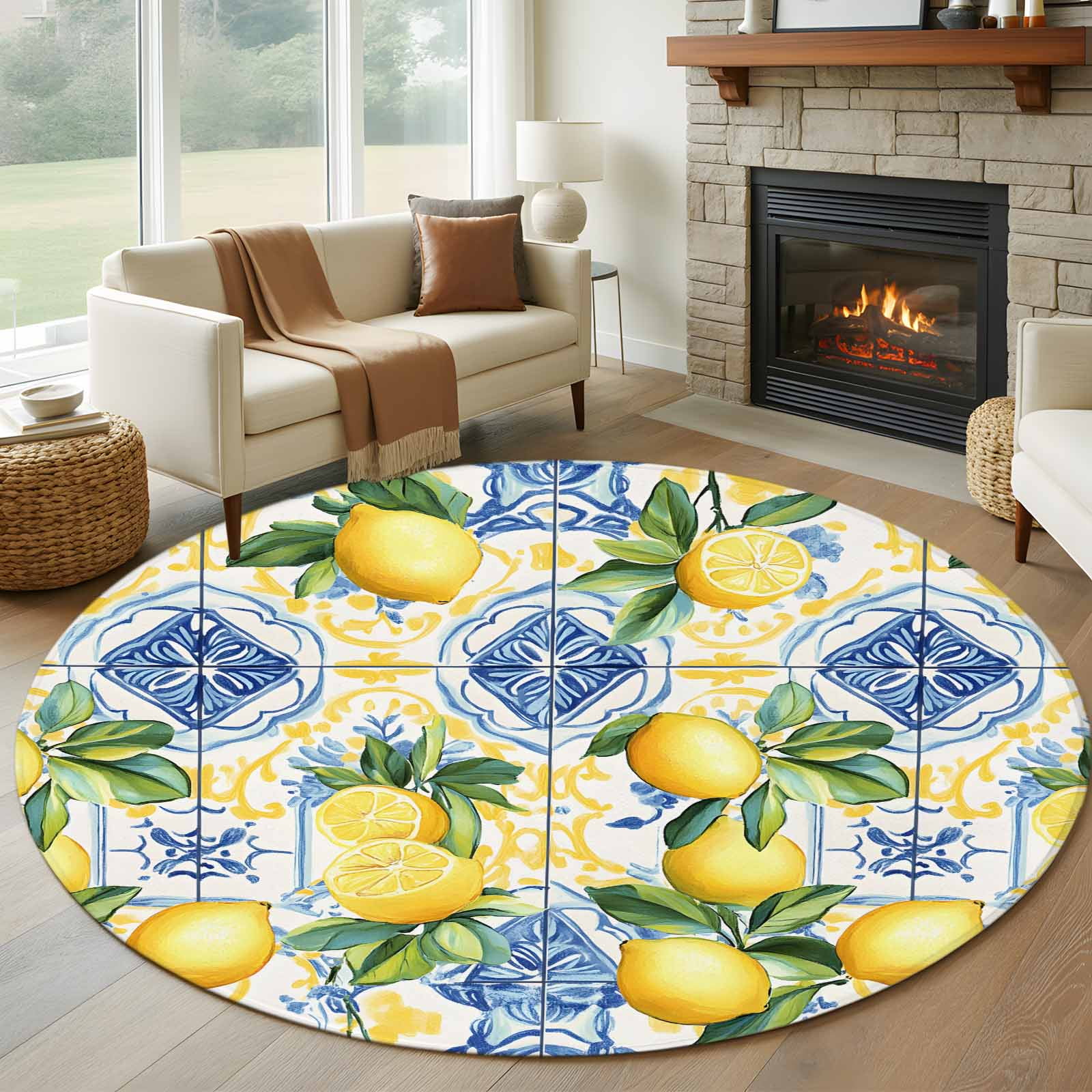 Botanical Lemon Round Area Rug 6 FT, Non Slip Bedroom Rugs, Spring ...