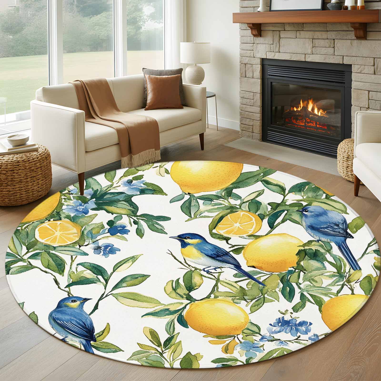 Botanical Lemon Round Area Rug 6 FT, Non Slip Bedroom Rugs, Watercolor ...