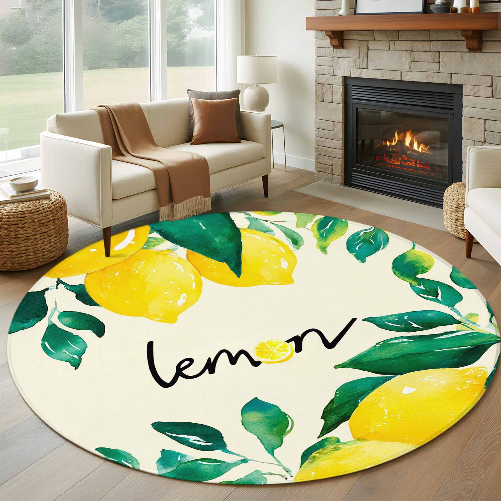 Botanical Lemon Round Living Room Rugs 8 ft, Watercolor Yellow Fruit ...