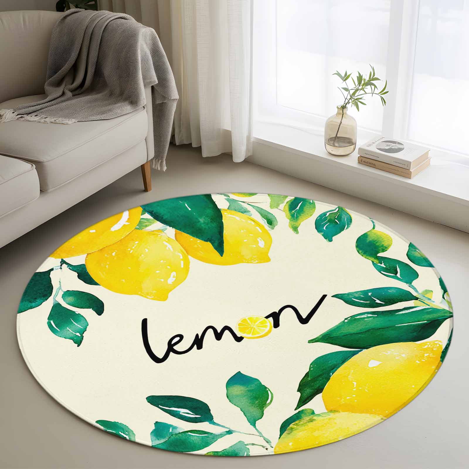 Botanical Lemon Round Rugs for Living Room 3ft Watercolor Yellow Fruit ...