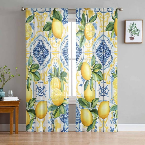 Botanical Lemon Sheer Curtains 72 Inch Length 2 Panels Set for Living ...