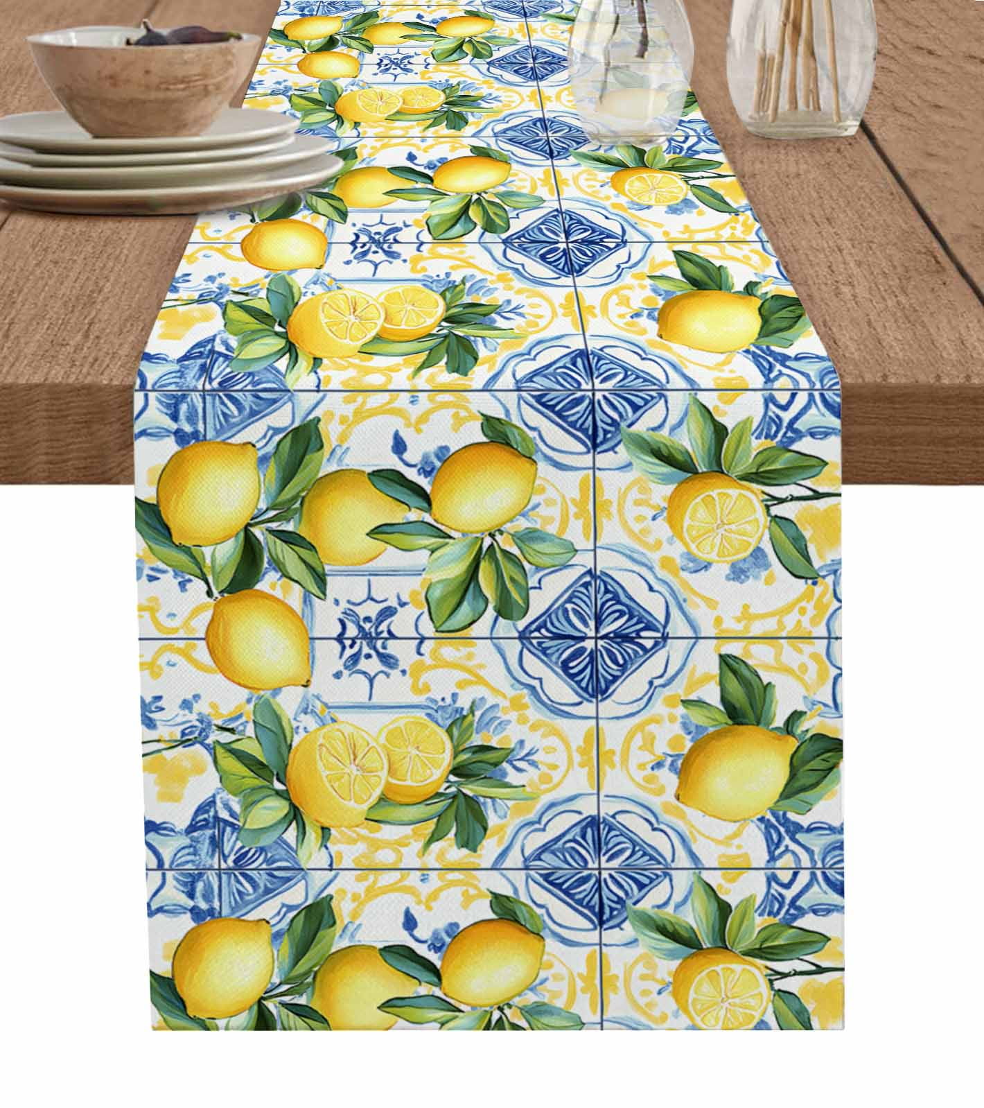 Botanical Lemon Table Runner 90 Inches, Spring Countryside Floral Blue ...