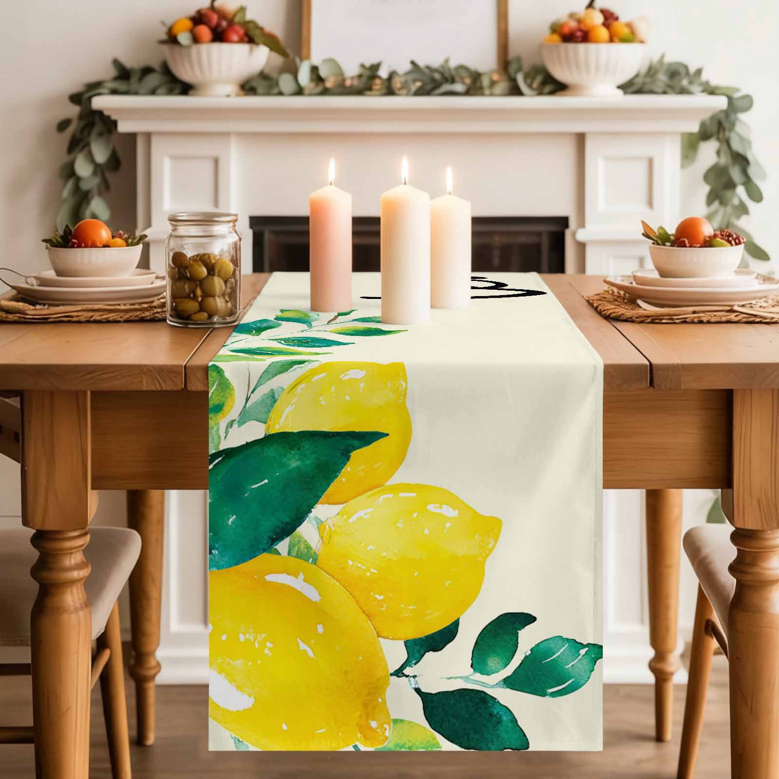 Botanical Lemon Table Runner, Watercolor Yellow Fruit Green Leaves ...