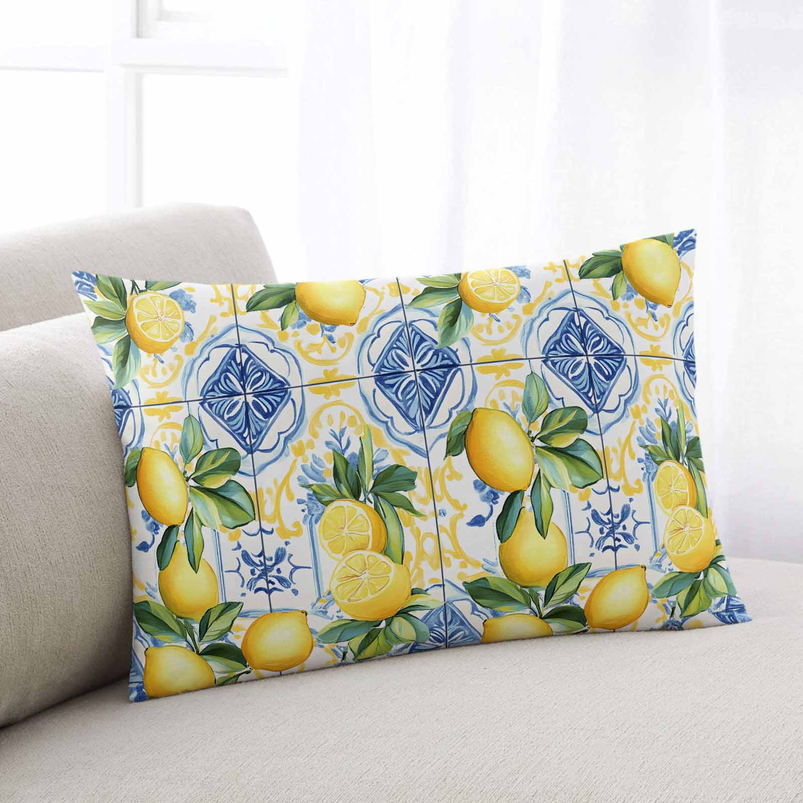 Botanical Lemon Throw Pillow Covers, Spring Countryside Floral Blue ...