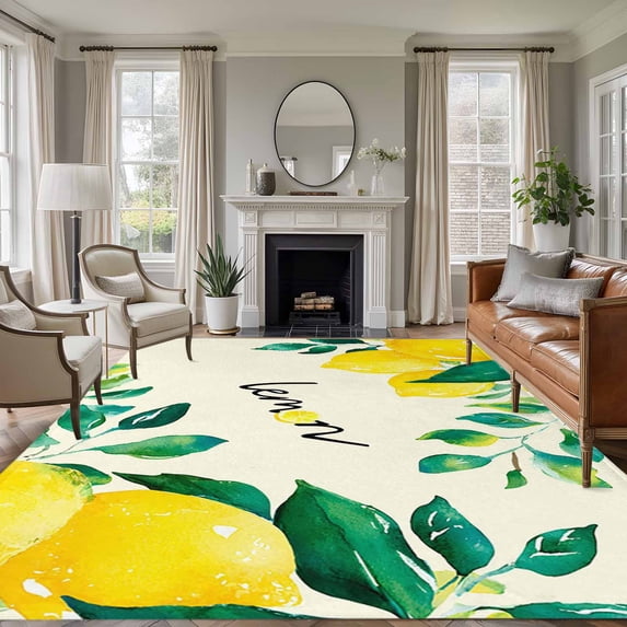 Botanical Lemon Washable Area Rug 8 x 10 ft Watercolor Yellow Fruit ...