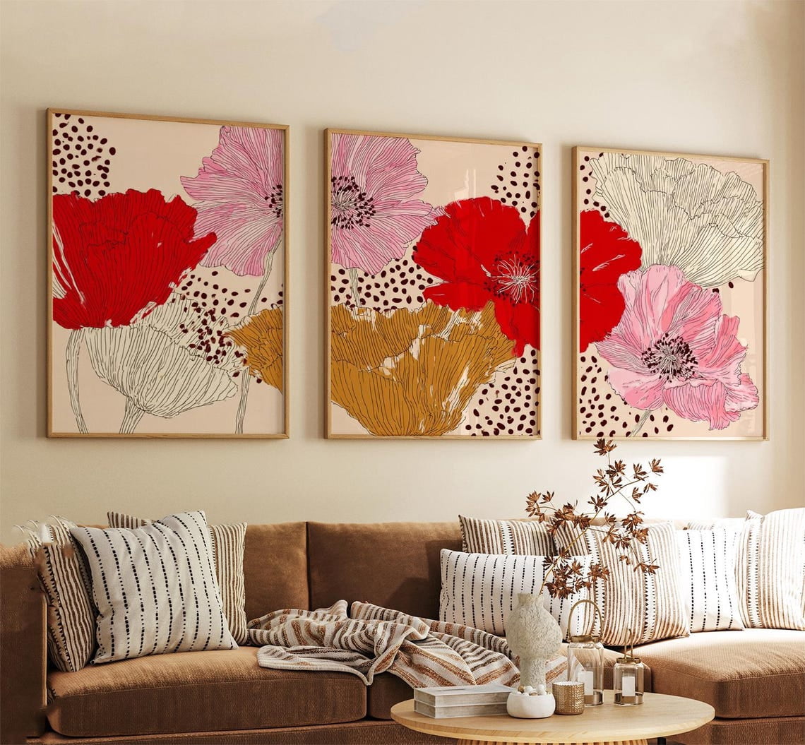 Botanical Line Art Modern Floral Wall Decor Set 3 Unframed Paper Print ...