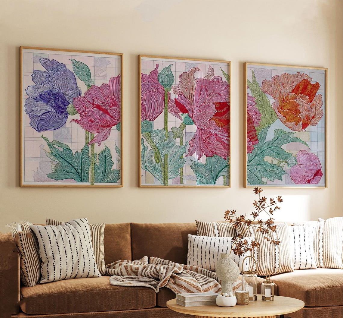 Botanical Line Art Pink Blue Floral Wall Decor Set 3 Unframed Paper ...