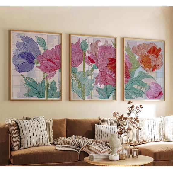 Botanical Line Art Pink Blue Floral Wall Decor Set 3 Unframed Paper ...