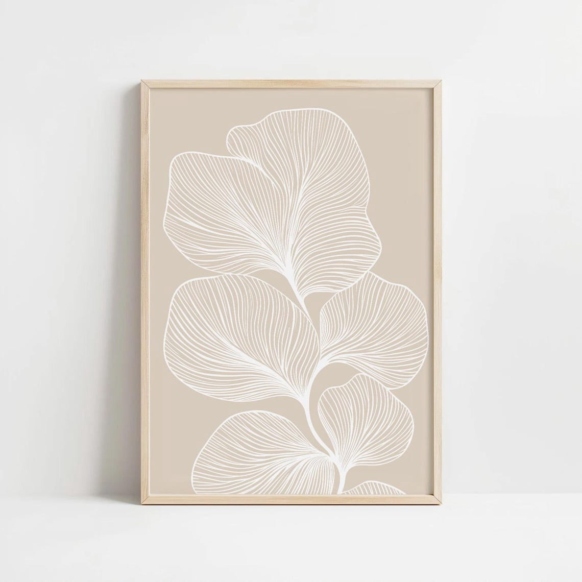 Botanical Line Art Print, Minimalist Leaves Beige Background, Unframed ...