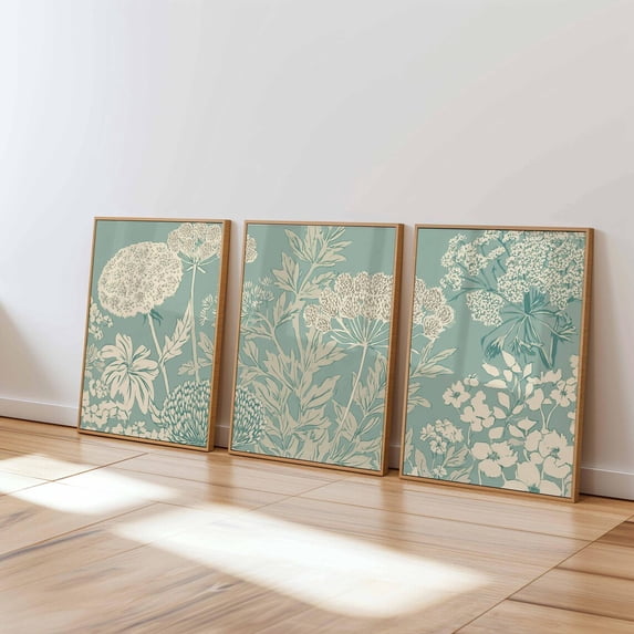 Botanical Line Sage Green Floral Art Version Two Set 3 Unframed Paper ...