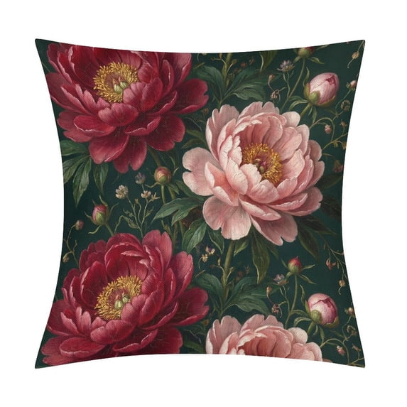 Botanical Lush Pink And Red Peonies with Green FoliageFaux Linen Style ...