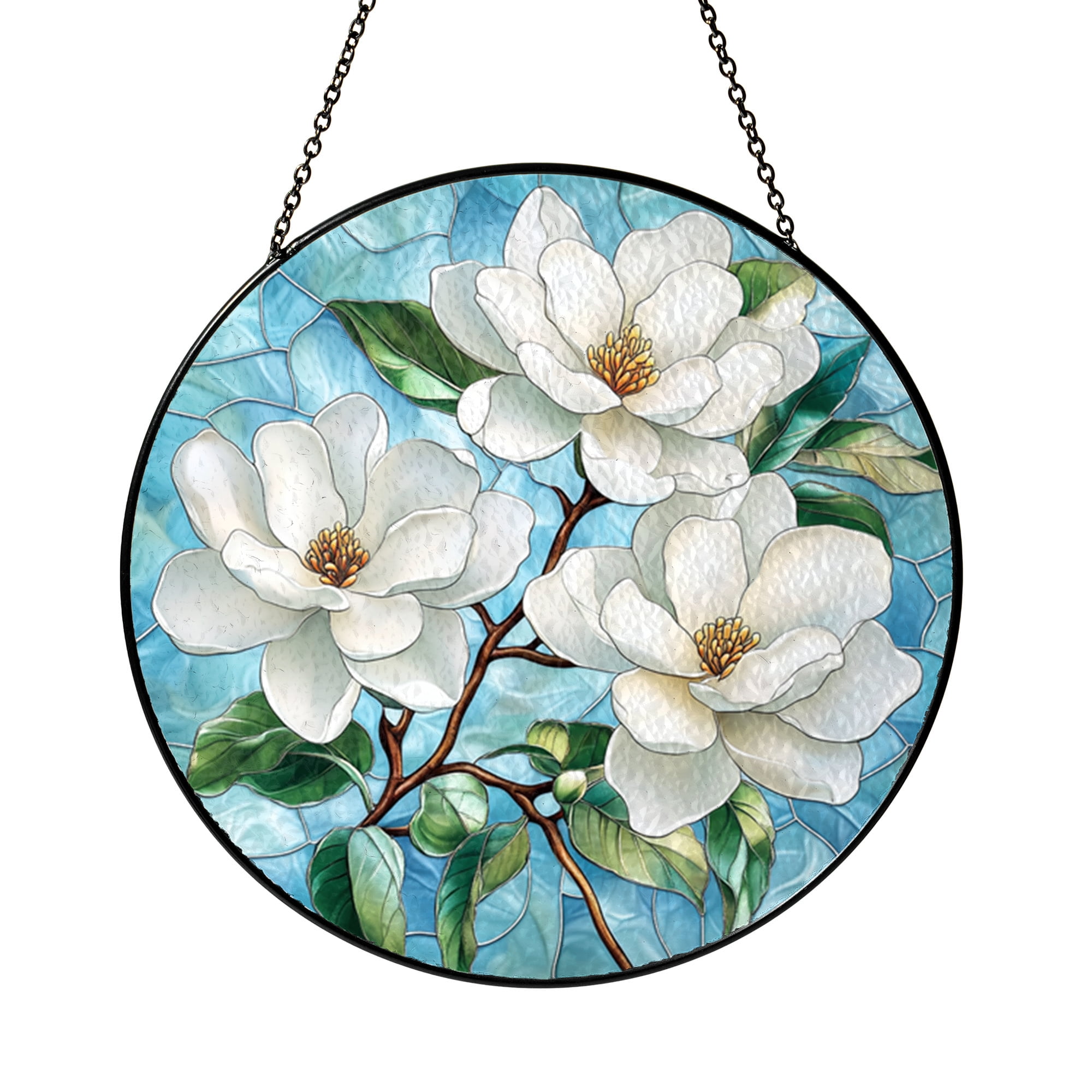 Botanical Magnolia Stained Glass Round Window Suncatcher Design ...