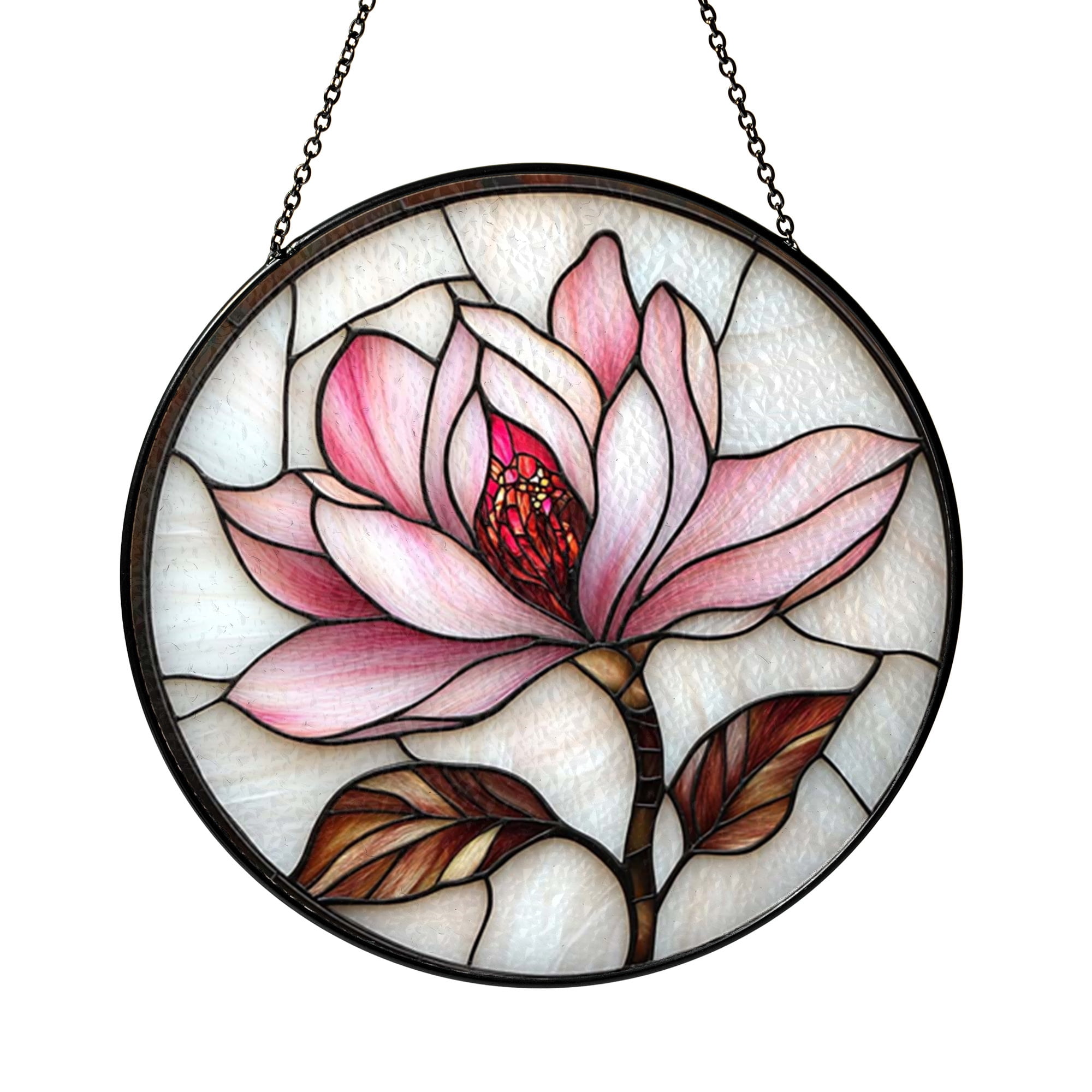Botanical Magnolia Stained Glass Window Suncatcher, Round Pink Flower ...