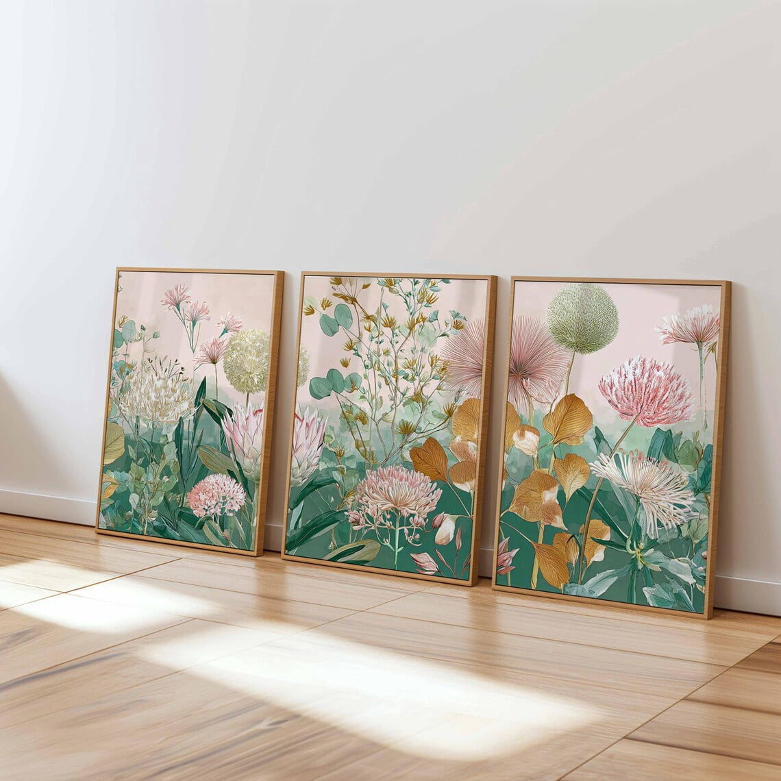 Botanical Modern Green Beige Floral Wall Art Set 3 Unframed Paper Print ...