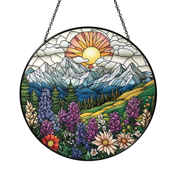 Botanical Mountain Stained Glass Style Window Hanging, Lupine Art Panel ...
