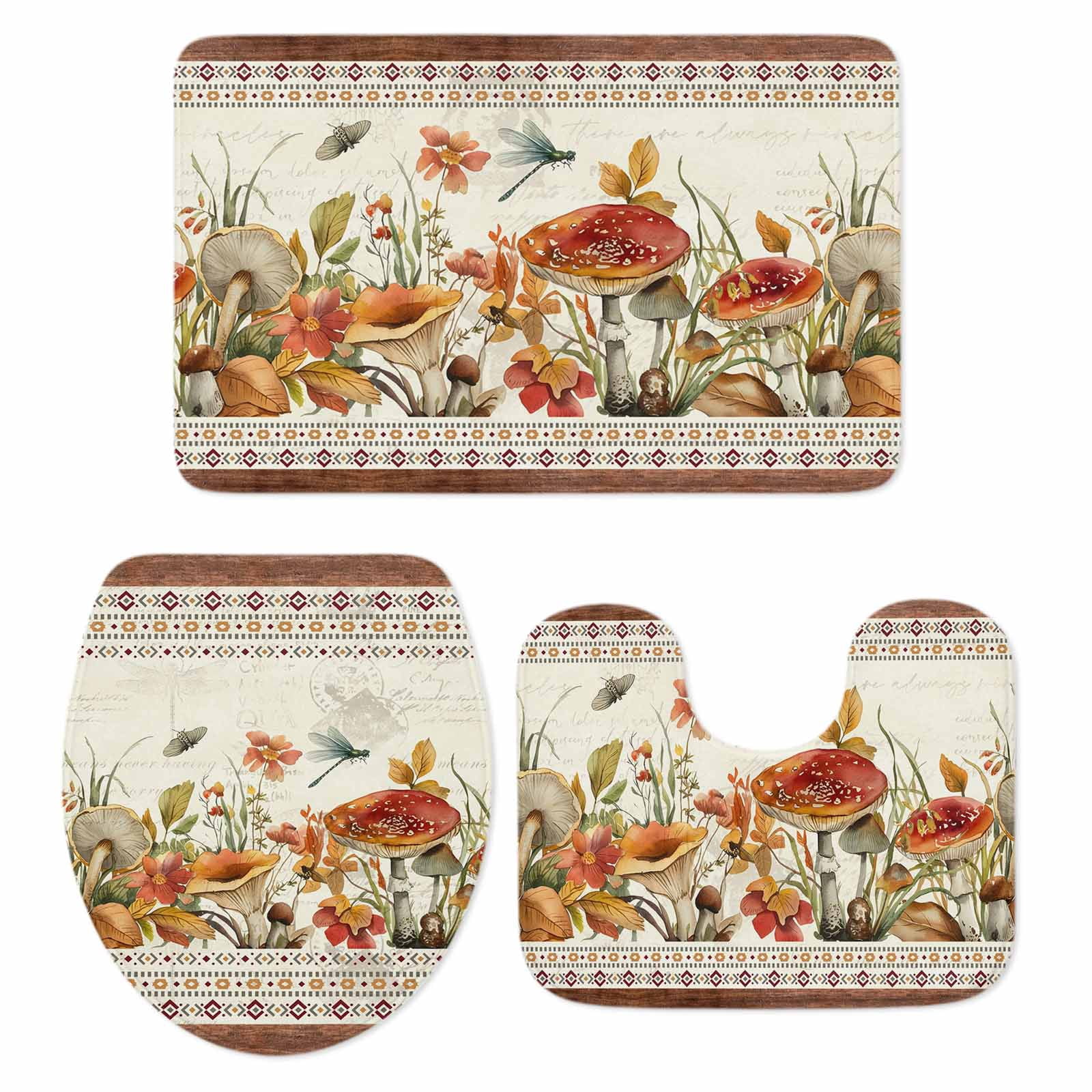Botanical Mushrooms Bath Mat 3 Piece Bathroom Rug Set, Retro Fall Wild ...