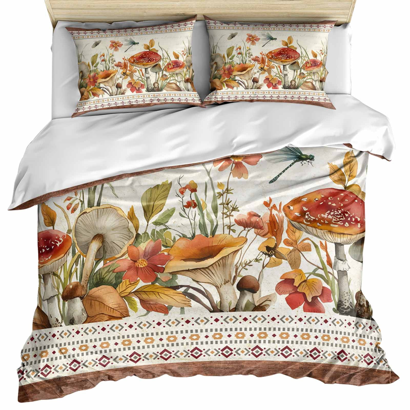 Botanical Mushrooms Bedding 3 Piece Duvet Cover Set Full Size, Retro ...