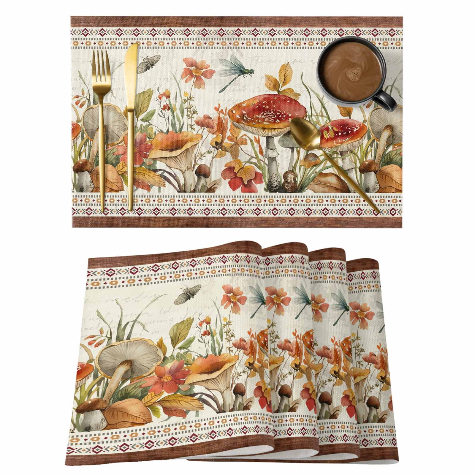 Botanical Mushrooms Placemats Set of 8 Retro Fall Wild Flowers ...