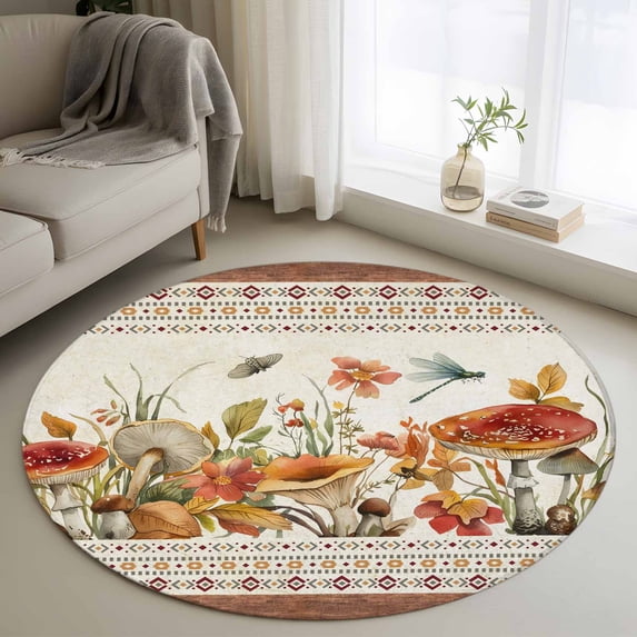 Botanical Mushrooms Round Area Rug 3 FT, Small Kitchen Bathroom Mats ...