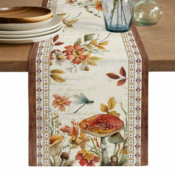 Botanical Mushrooms Table Runner, Retro Fall Wild Flowers Farmhouse ...