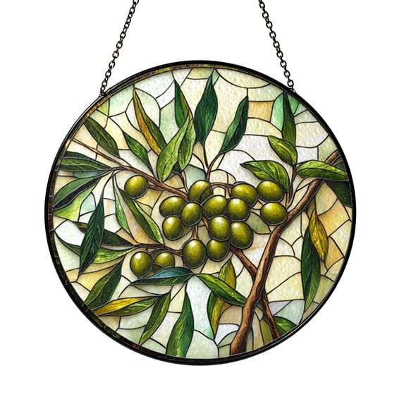 Botanical Olive Branch Stained Glass Suncatcher, Window Hanging Decor ...