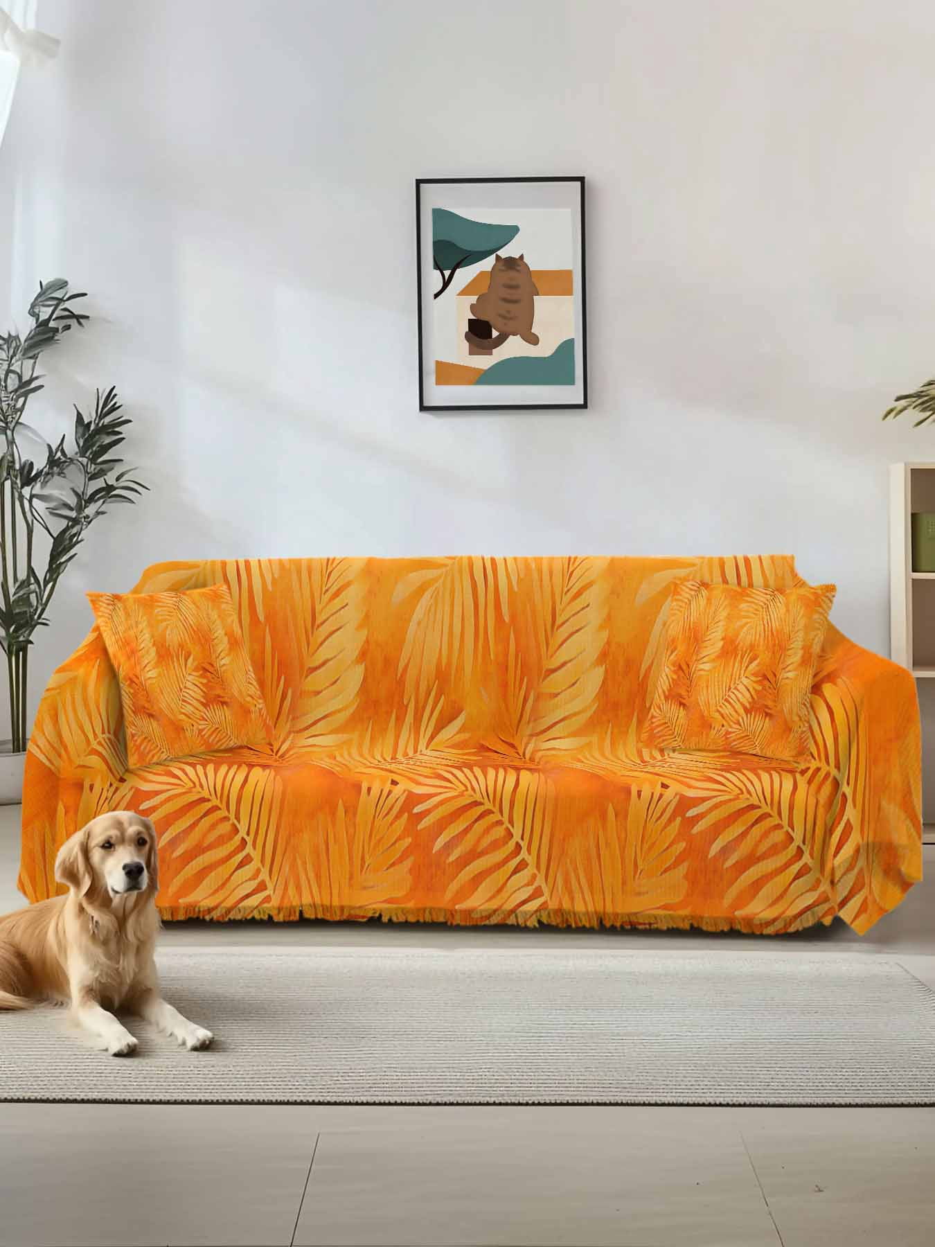 Botanical Orange Couch Cover, Tropical Palm Leaf Modernism Oversized ...