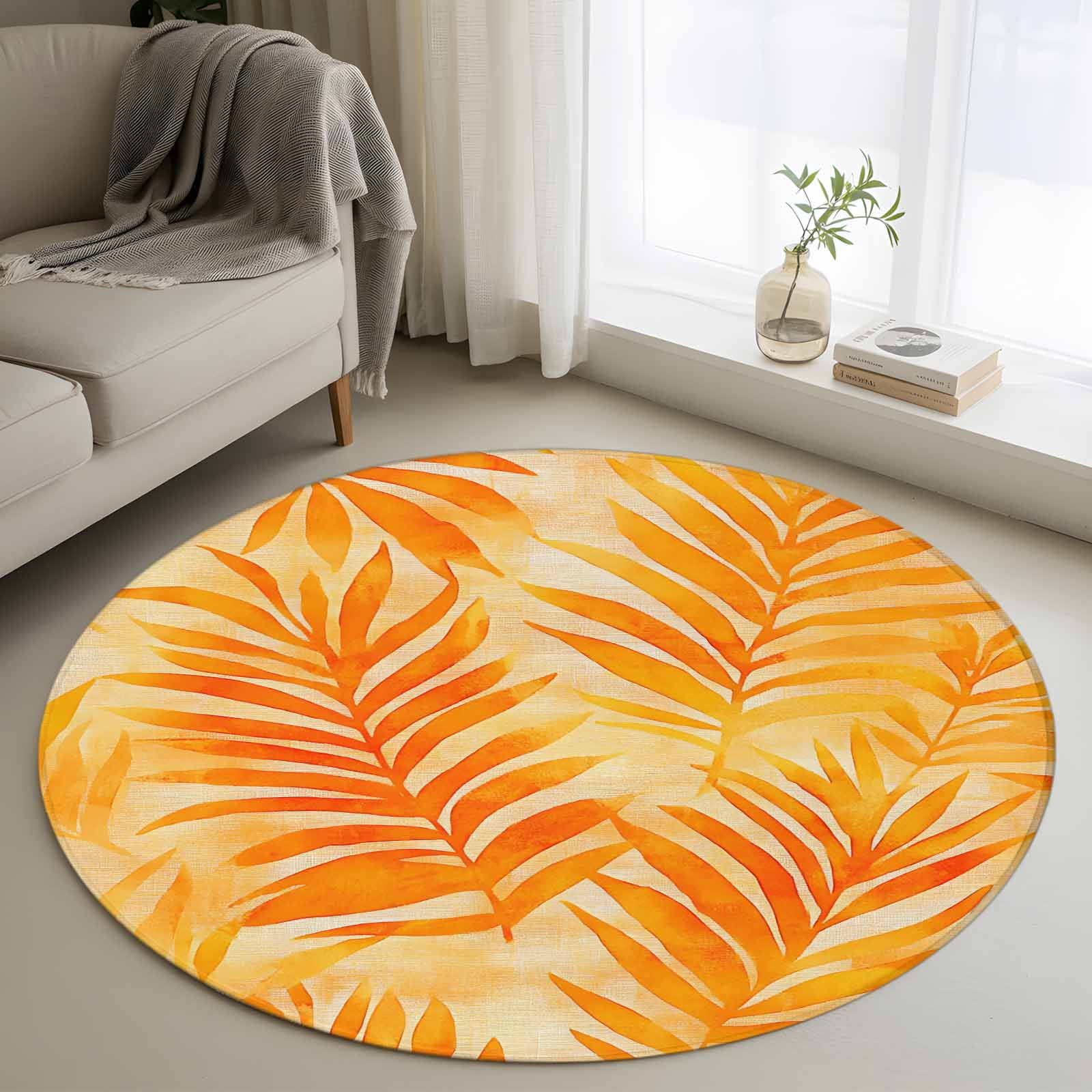 Botanical Orange Yellow Round Rug 3.3ft Washable Circle Entryway Rugs ...